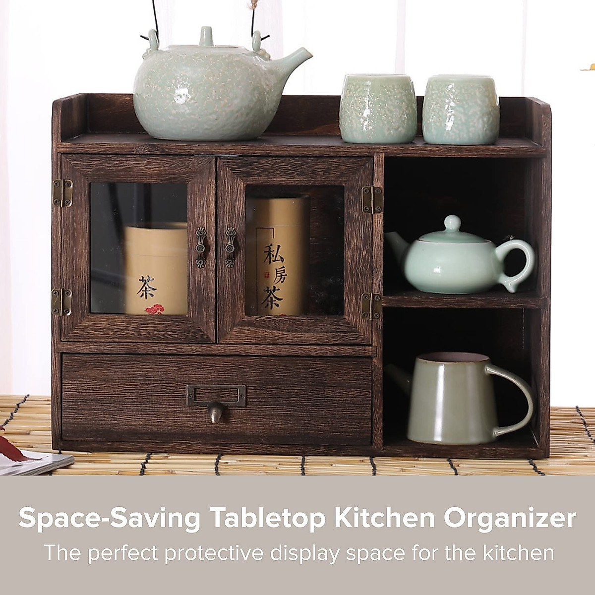 Wooden Box Kitchen Drawer Organizer for Coffee Station or Kitchen Counter - Console Table Caddy w Glass Door Cabinet & Drawer - Wood Countertop Organization and Storage for Tea & Coffee Accessories - Coffee Pod Holder - Utensil Holder