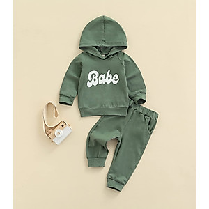 Newbron Baby Girls Boys Clothes BABE Letter Printed Long Sleeve Pullover Hooded Sweatshirts+Pants Outfits (Green, 0-3 Months)