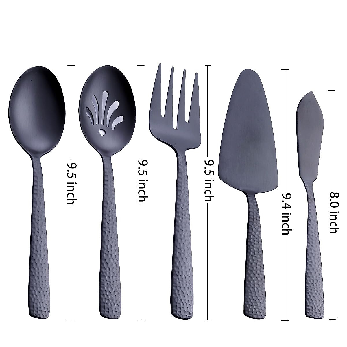 Matte Black Large Serving Utensil Set, FULLYWARE Stainless Steel Large Hostess Serving Set, include Serving Spoon, Slotted Serving Spoon, Serving Fork, Pie Server and Butter Knife, 5-piece
