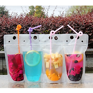 Herdro 100 Pack Clear Drink Pouches Bags with Straws - Reclosable Zipper Stand-up Plastic Pouches Bags Drinking Bags - 9.1" x 5.2"/17 Oz