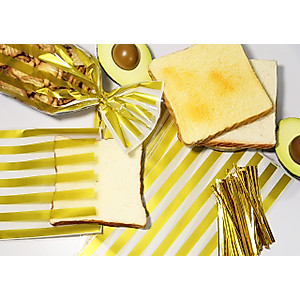 HOPEMT (200 pcs)100 pcs Gold Stripes Translucent Plastic Bags/Cellophane Bags with 100 pcs Gold Twist Ties for Cookie,Cake,Chocolate,Candy,Snack Wrapping Good for Bakery Party