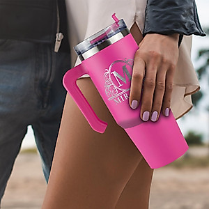 Personalized 30 oz Travel Mug - Elaborate Circle Monogram - Pink Custom Engraved Cup with Handle Vacuum Insulated Tumbler Birthday Gift for Women, Men, Beer and Drinks