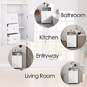 OQSC 39.4 Tall White Bathroom Floor Cabinet Freestanding Storage Cabinet Side Storage Organizer with 3 Drawers&1 Cupboard&1 Shelf for Bathroom Living Room Entryway