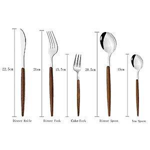 JASHII 20 Pieces Wood Stainless Steel Cutlery Set Wooden Handle Flatware Set Knife Fork Spoon, Kitchen Utensil Service for 4, Mirror Polished - Silver