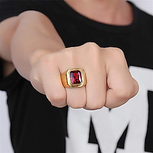 PMTIER Men's Stainless Steel Simple Gold Plated Ring with Square Red Gem Stone Size 10