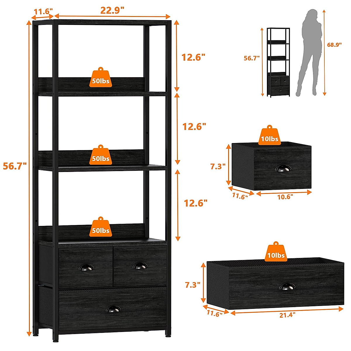 Furnulem Bookshelf with 3 Fabric Drawers and 4-Tier Shelves, 59" Tall Bookcase Storage Rack, Freestanding Shelf Organizer Unit for Office,Living Room,Kitchen,Bedroom(Black Oak)