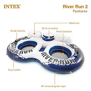 Intex River Run Connect 1 Person Inflatable Water Raft (4 Pack) Bundled with River Run II 2 Person Inflatable Floating Lounge with Cooler