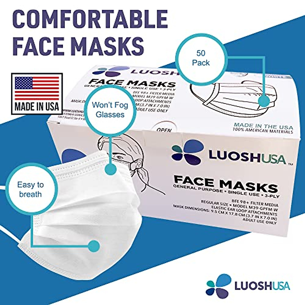 Luosh White Face Masks Disposable Made in USA - ASTM Level 3 Masks with Filter PFE99%, Paper masks, 3 Ply Face Masks for Adult 50 Pack (Adult, White)