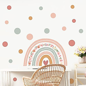 Supzone Large Rainbow Flower Wall Stickers Boho Polka Dots Wall Decal Vinyl for Girls' Room Kids Baby Nursery Bedroom Living Room Playroom Classroom Wall Decor