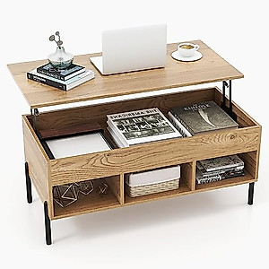 Tangkula Lift Top Coffee Table with Metal Legs, Rising Center Table w/Hidden Compartment & 3 Open Cubbies, Multifunctional Wood Dining Working Table for Living Room Reception Room (Natural)