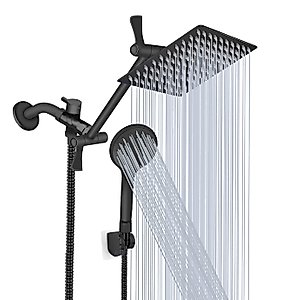Shower Head, 8‘’ High Pressure Rainfall/Handheld Shower Combo with 11'' Extension Arm, 9 Settings, Anti-leak Shower Head with Holder, Height/Angle Adjustable, Chrome, Matte Black