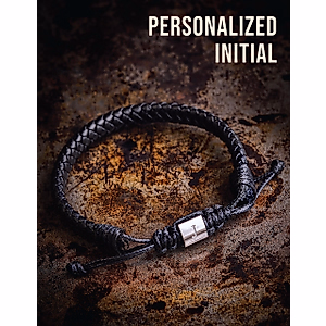 Men's Adjustable Leather Initial Bracelet | Genuine Woven Leather | A-Z Alphabet Letters Engraved on Stainless Steel Clasp - C