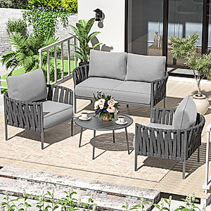 COMLAX FIELD 4 Pieces Patio Furniture Sets, Modern Patio Conversation Set, Outdoor Furniture Set with Table, Metal Patio Furniture Set with Removable, Washable and Thicken Cushions, Grey