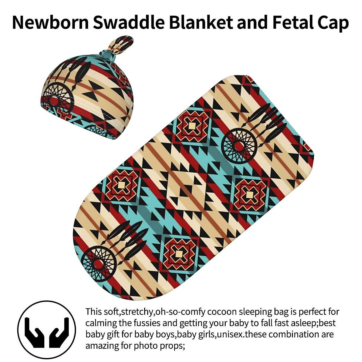 Native Southwest Aztec Navajo Newborn Swaddle Blanket Beanie Hat Sets Soft Stretchy Swaddling Sleep Sack Receiving Blanket Nursery Gift Photography Props for Baby Boy and Girl 0-6 Months (D, Color)
