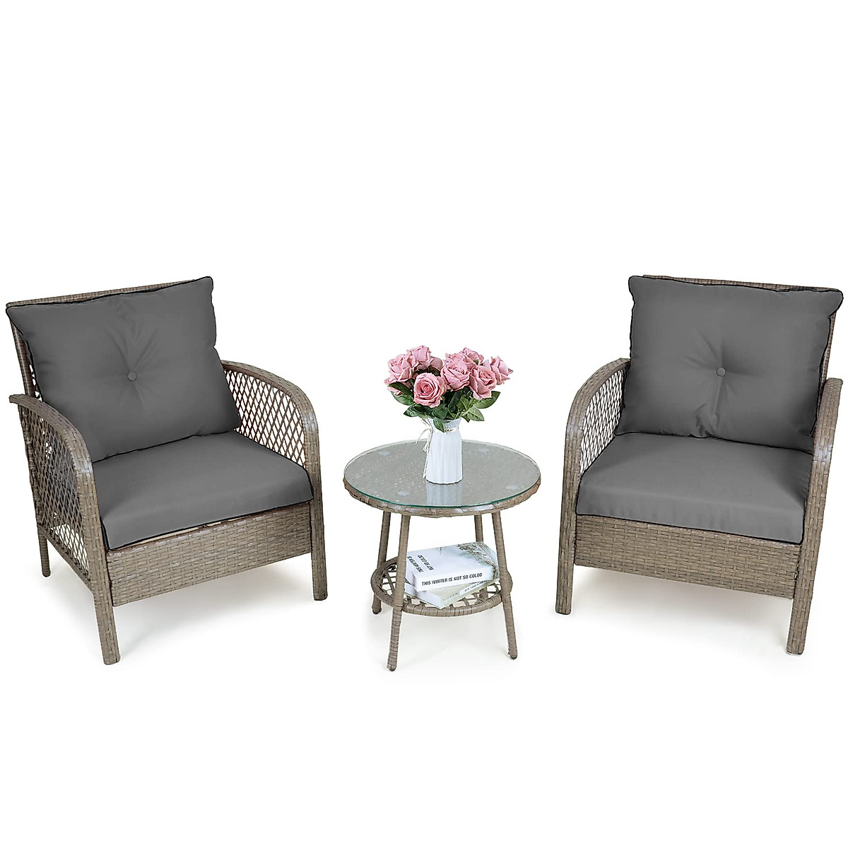 FYRICKYLINOO 3 Pieces Patio Conversation Set Outdoor Patio Furniture Sets All Weather PE Rattan Wicker Porch Sofa Single Chairs with 2 PCS Pillows & Coffee Table for Garden Backyard（Grey Cushions