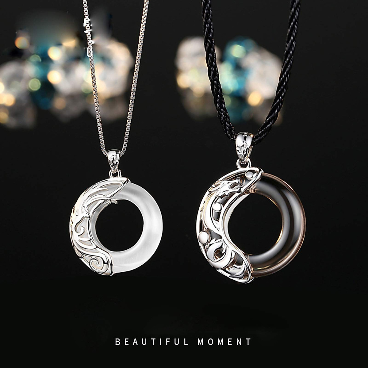 poceton Matching Necklaces for Couples, 925 Sterling Silver Obsidian Pendant, Antique Dragon and Phoenix Pendant Lovers Jewelry Valentine's Day Couple Necklace Gifts for Him and her