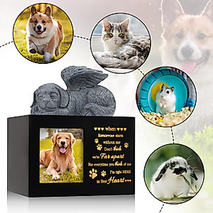 LPREUTWN Pet Urns for Ashes, Large Wooden Pet Urns for Dog or Cat Ashes with Dog Angel, Memorial Keepsake Memory Box with Photo Frame, Loss Pet Sympathy Remembrance Gift (Black)