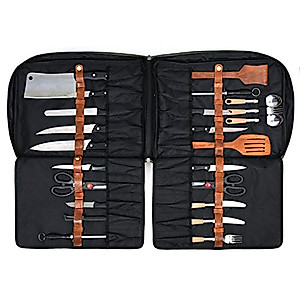 Genuine Leather Chef Knife Bag Retro Backpack | 20+ Slots for Knives and Chef Tools | Hidden Back Pocket for Tablet | Sturdy Knife Bags For Chefs & Culinary Students | Light Brown