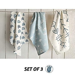 Folkulture Cotton Kitchen Towels and Dishcloths Set with Hanging Loop, Set of 3 Flour Sack Dish Towels and Dish Cloths for Drying Dishes, Highly Absorbent Decorative Tea Towels, 20 x 26 Inches, Mystic