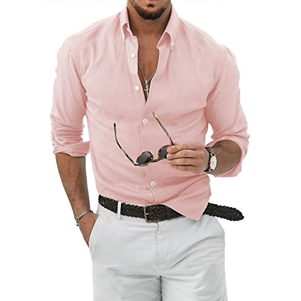 JMIERR Mens Cotton Linen Casual Stylish Button-Down Shirt Long Sleeve Business Plain Dress Shirts Old Money Aesthetic Shirts for Men,US50(2XL),B Pink