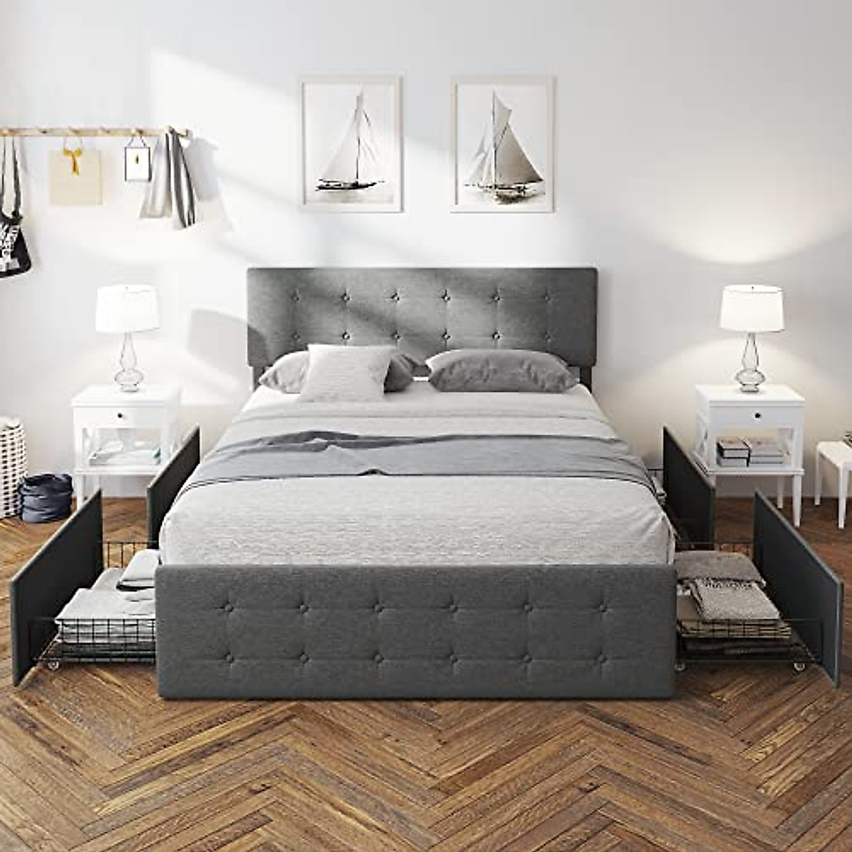 Alkmaar Queen Bed Frame with 4 Storage Drawers,Upholstered Bed Frame Platform with Adjustable Headboard No Box Spring Needed