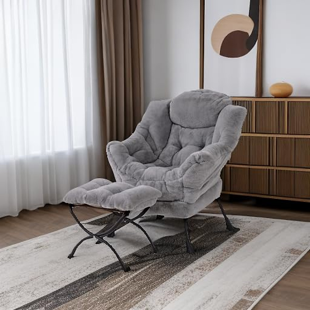 Welnow Lazy Chair with Ottoman, Modern Lounge Accent Chair with Armrests and a Side Pocket, Leisure Sofa Chair Set, Reading Chair with Footrest for Small Space, Corner Chair, Plush Grey