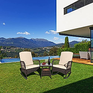 LEVELEVE 3 pcs Rocking Bistro Set Conversation Chairs PE Wicker Outdoor Rocking Chairs & Glass Table,for Porch Lawn Garden Backyard Deck