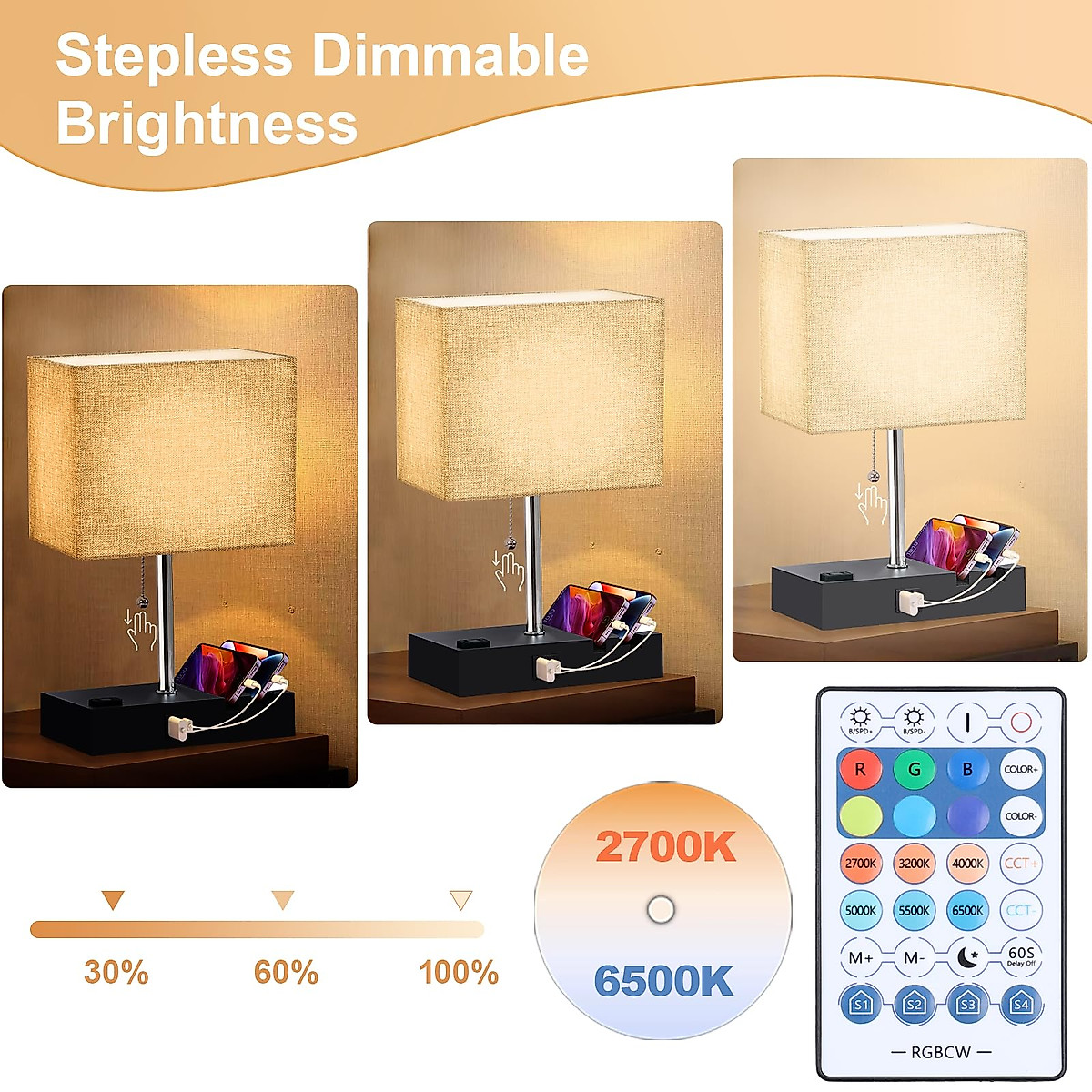 NEWREACH RGB Smart Table Lamp with Remote Control - Alexa Lamp for Bedroom with Voice & APP Control & Music Sync, Dimmable Nightstand Lamp with Charging Station for Living Room, Alexa Bulb Included