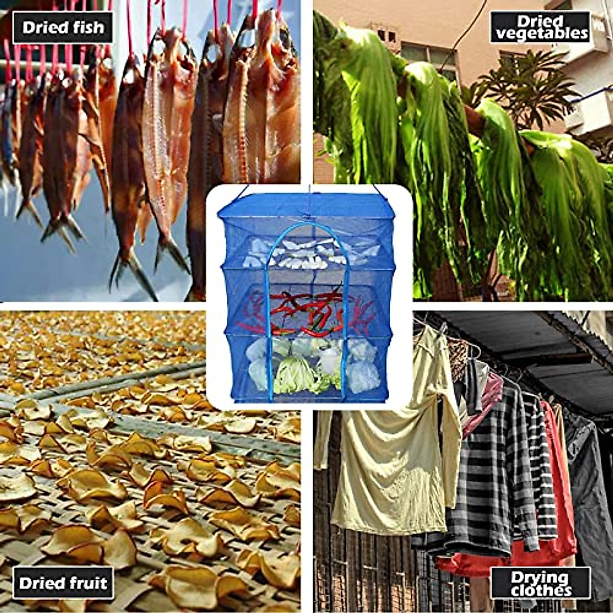 WEISGJA Drying Rack 4 Layers Folding Fish Mesh, Foldable Nylon Netting, Hanging Drying Fish Net, for Shrimp Fish Fruit Vegetables Herb, with Zipper Opening-Blue (25.59X13.78X13.78 in)…
