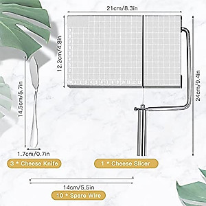 ZOCONE Cheese Slicer with Wire for Block Cheese, Stainless Steel Cheese Cutter with Accurate Size Scale, with 10 Replacement Wires & 2 Stainless Steel Multi-purpose Spreading Knives for Cheese Butter