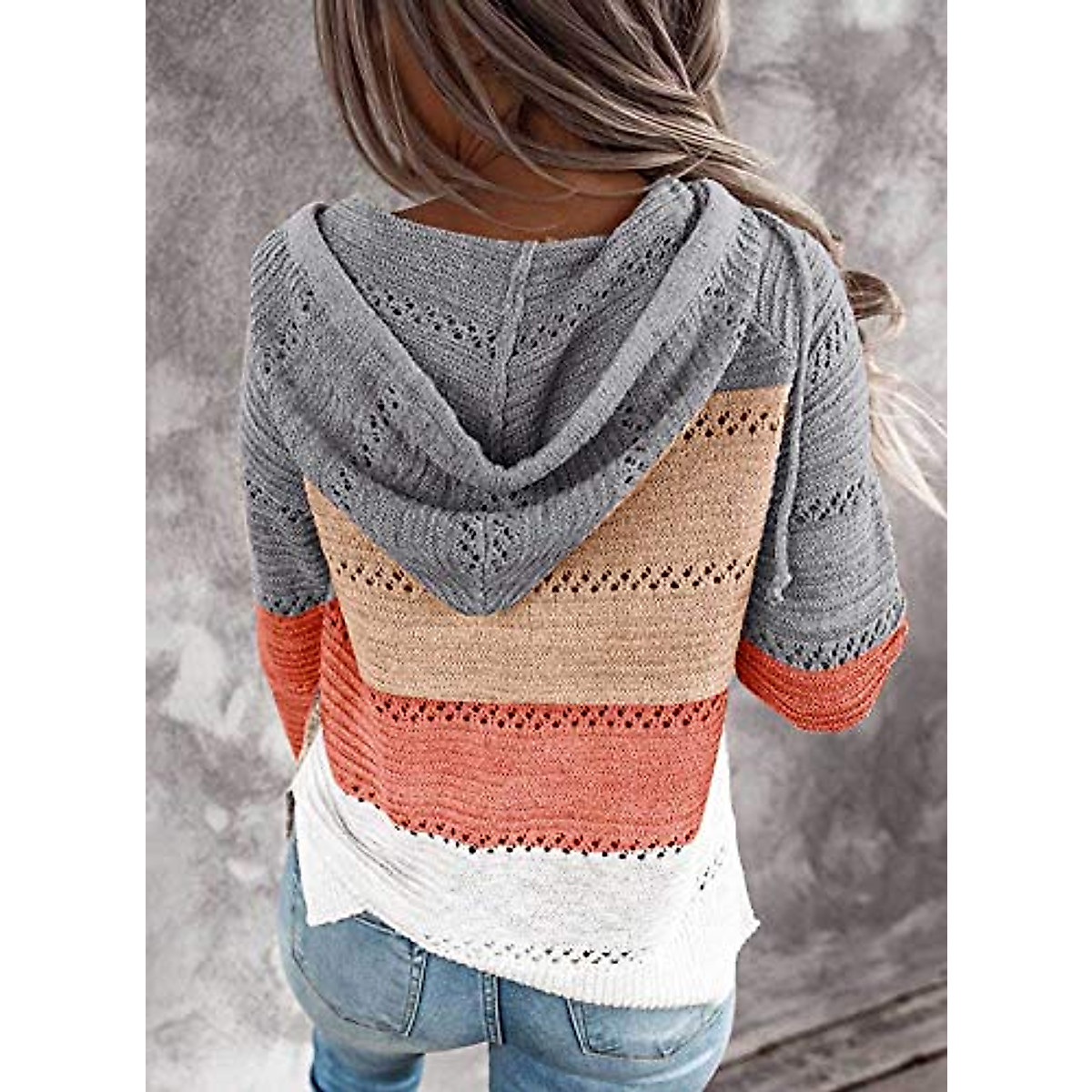 Biucly Womens Color Block Striped Hooded Sweater Long Sleeve V Neck Drawstring Pullover Tops Hoodies Sweatshirts Plus Size Sweaters 2022,US 16-18(XL),Grey
