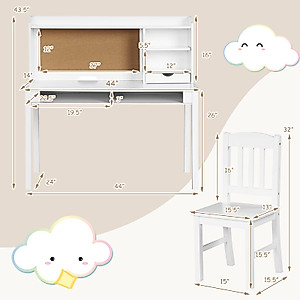 Costzon Kids Desk and Chair Set, Children Study Writing Desk w/Chair, Hutch, Storage, Drawers, Shelves, Cork Bulletin Board, Student Wooden Computer Workstation for Bedroom, Study, Living Room, White