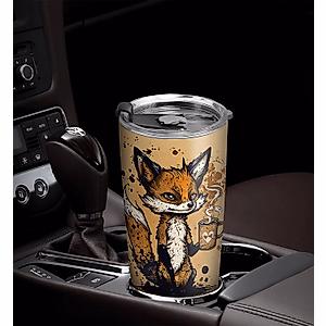 20oz Vintage Coffee Fox Tumbler, Gifts for Fox Lovers, Coffees Thermos for Women, Stainless Steel Double Wall Vacuum Insulated Coffee Mug, Travel Cup with Lid