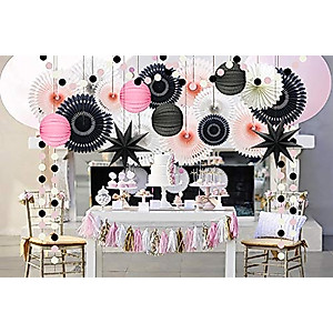 Pink Black White Party Decorations for Girls Women Minnie Mouse First Birthday Decoration Wedding Bridal Baby Shower Hanging Tissue Paper Fans Circle Garland Paper Lanterns