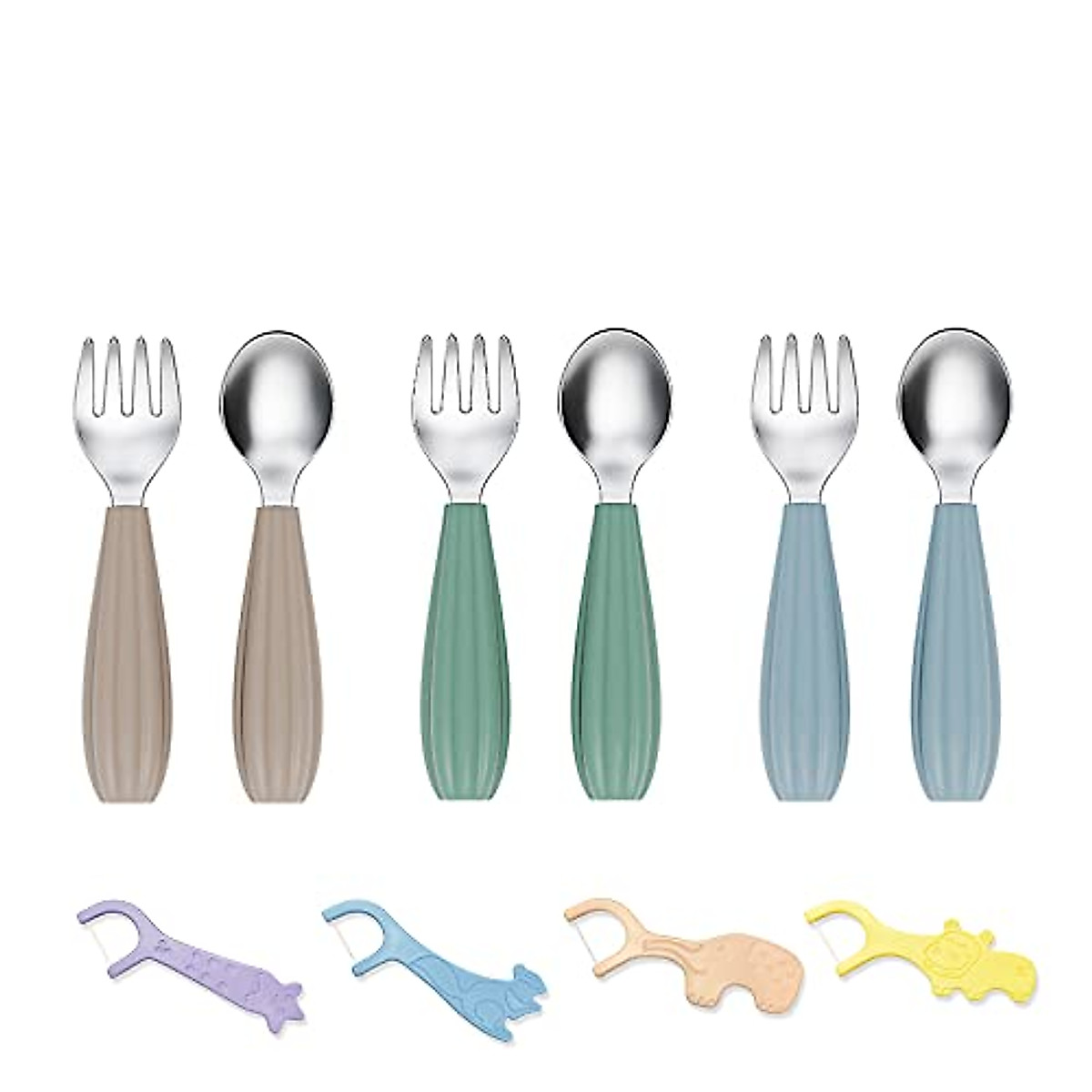 Hippywell Toddler Utensils, Toddler Forks and Spoons Set, Kids Silverware Set with Silicone Anti-Choke Handle, Self-Feeding Toddler Utensils, Children Safe Flatware, Natural/Green/Blue