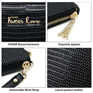 Leather Wallets for Women, Split Cowhide Crocodile Skin Pattern Gift Box Packaging Ladies Fashion Clutch Purses with Wristlet Womens Zipper Long Wallets Women's Credit Card Holders (Black)