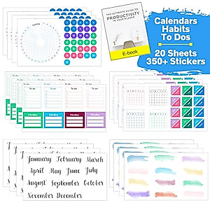 Ultimate Productivity Stickers Set - Large Value Pack of 20 Planner Sticker Sheets - Calendars, to Do Lists, Habit Trackers, Goals - Accessories & Supplies for Dot Grid Journals by Sunny Streak