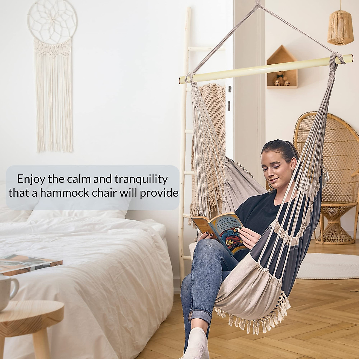 BDECORU Hanging Hammock Chair Swing - Outdoor & Indoor Hammock Swing Chairs for Outside or Inside of Home, Swing Hanging Chair with Footrest - Includes 2 Cushions, Bag, & Hanging Kit - Gray Beige