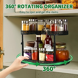 Spice Rack Lazy Susan Organizer - 2 Tier Rotating Spice Spinner for Cabinet with 4 Height Settings & Non-Slip Pad Kitchen Turntable Organization for Bathroom Pantry Countertop & Storage - Black Metal