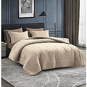 Maple&Stone Twin XL Comforter Set 5 Pieces Bed in a Bag - Down Alternative Bed Set with Sheets, Pillowcase & Sham, Soft Reversible Duvet Insert for Twin XL Bed, Khaki