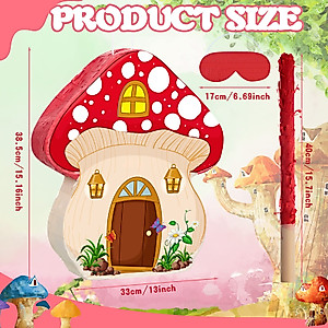Mushroom Piñata with Stick and Blindfold Fairy Piñata 3D Mushroom Shaped Piñata for Kids Birthday Party Mushroom Hanging Decoration Piñata for Forest Jungle Woodland Baby Shower Party Supplies