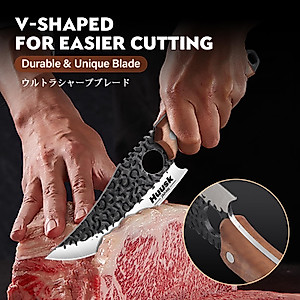 Huusk Knives Viking Knife with Sheath - Hand Forged Butcher Knife for Meat Cutting - High Carbon Steel Meat Cleaver Kitchen Knife - Multipurpose Japanese Chef Knives for Camping, Outdoor, BBQ