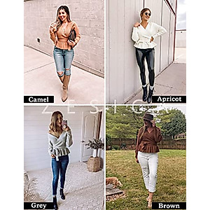 ZESICA Women's 2023 Fall Wrap V Neck Long Batwing Sleeve Belted Waist Ruffle Knitted Sweater Pullover Top,Apricot,Medium