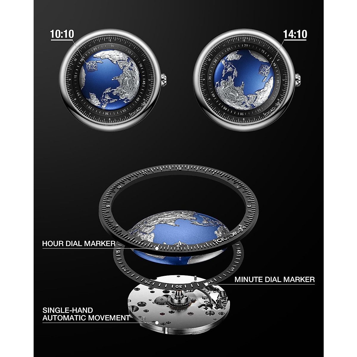 CIGA Design Mechanical Automatic Watch Blue Planet U Series Stainless Steel Case Sapphire Crystal Fluororubber Strap Watches for Men and Women