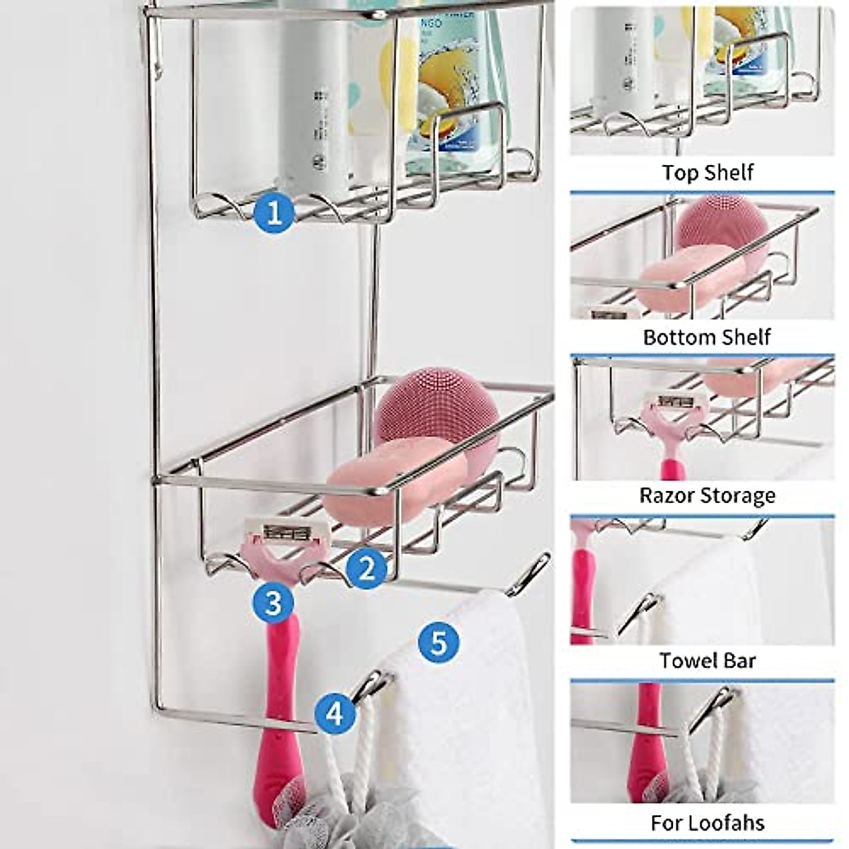 Shower Caddy over Shower Head Hanging Shower Organizer Rust Proof with 10 Razor Hooks Bathroom Shampoo Holder with Towel Rack Shower Storage Shelf-Chrome-Stainless Steel