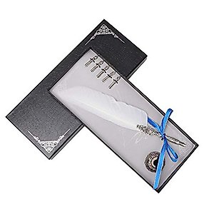 Wal front Four Colors Feather Quill Pen Set European Vintage Feather Calligraphy Pen Kit Feather Dip Pen Gift Set Calligraphy Pen (White)