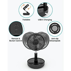 Primevolve Portable Oscillating Standing Fan,Rechargeable Battery Operated USB Floor Table Desk Fan with Remote, 4 Speed Settings Pedestal Fans for Bedroom Office Camping Fishing Travel Black 7.7"