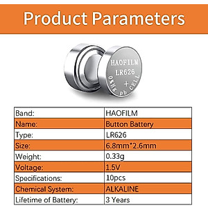 HAOFILM LR626 SR626SW 377 376 LR626 AG4 Premium Alkaline Battery,1.5V Round Button Coin Cell Batteries (10 Pack)