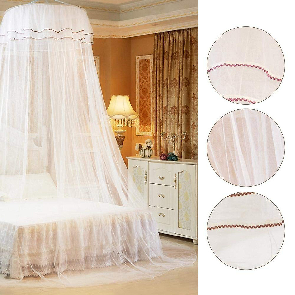 Pokerty Bed Mosquito Net, Breathable 360° Round Canopy Lace Princess Style Mosquito Net Bed Curtain Netting for Bedroom Decoration(White)
