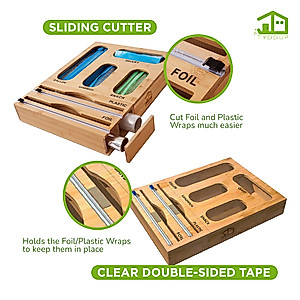 TYDDUP - 6 in 1 Ziplock Bag Organizer with Alum. Foil/Plastic Wrap Dispenser with Cutter & Labels for Kitchen Drawer |Bamboo Kitchen Organization |Compatible Gallons,Quarts,Snack,and Sandwich Bags.